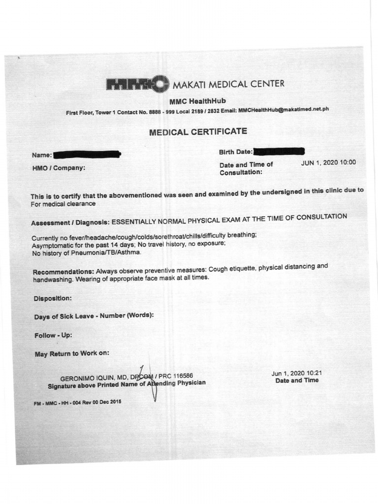 Medical Certificate Sample PDF | PDF