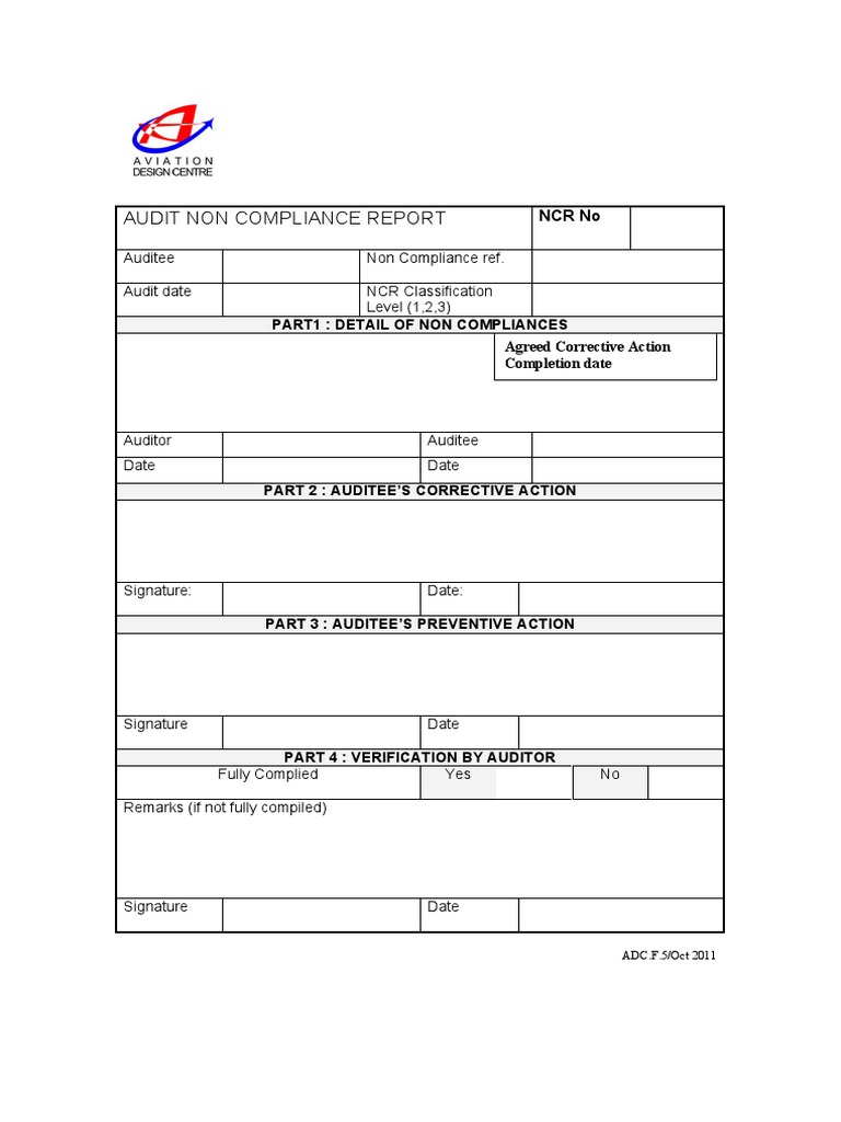 Auditee Non Compliance Ref. Audit Date NCR Classification Level (1,2,3 ...