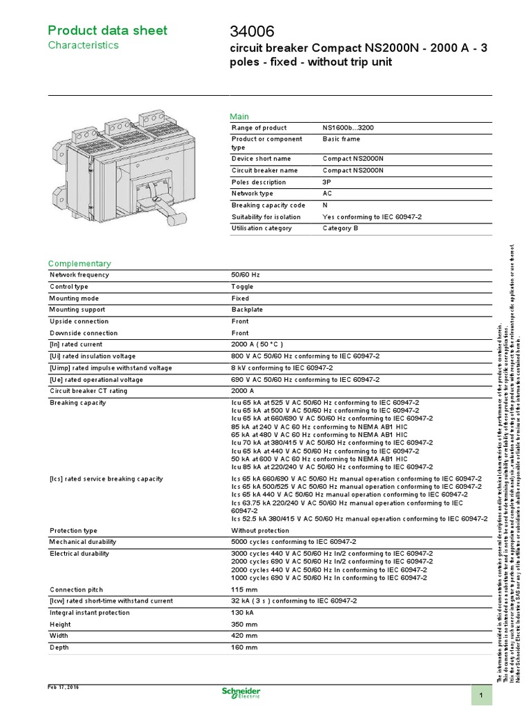 Product Data Sheet: Circuit Breaker Compact NS2000N - 2000 A - 3 Poles ...