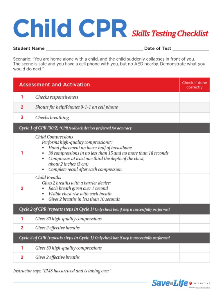 Child CPR: Skills Testing Checklist | Download Free PDF ...