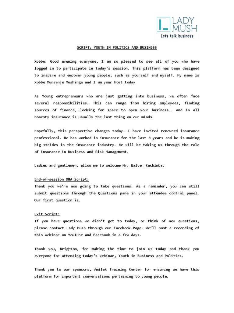 Script: Youth in Politics and Business | PDF