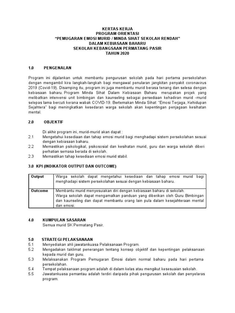 Kertas Kerja Minda Sihat 2020 | PDF