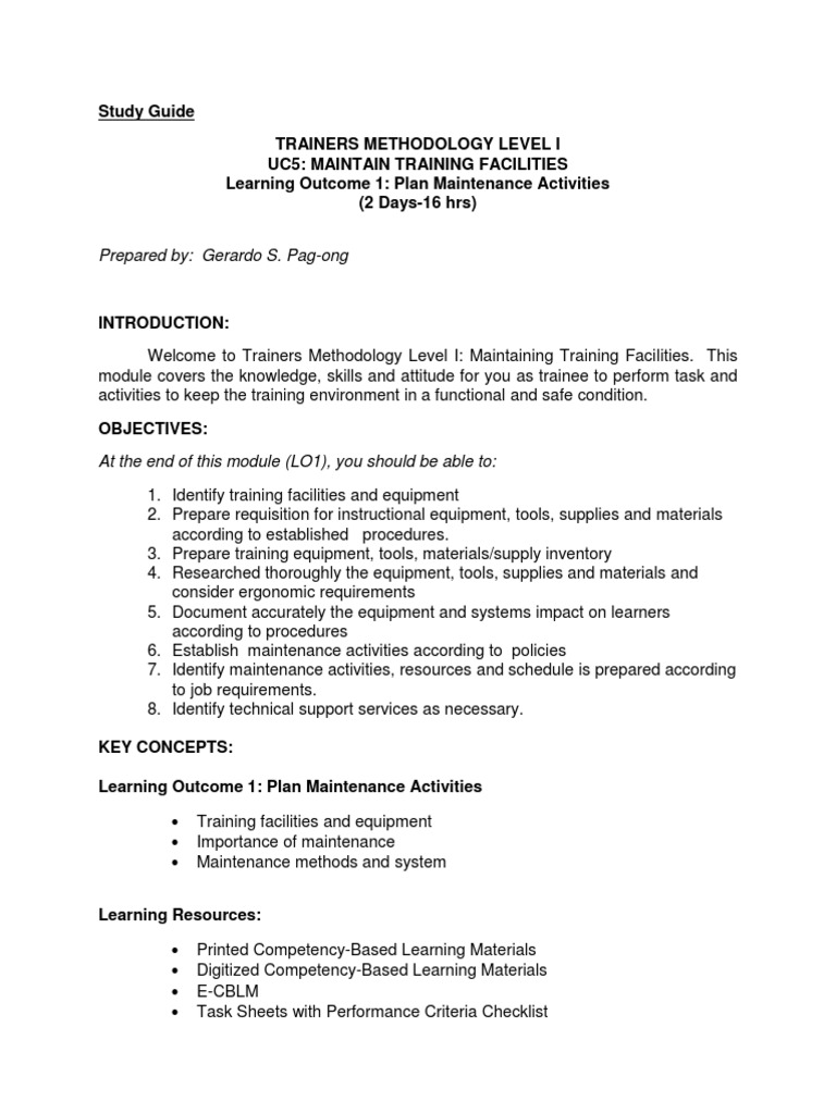 STUDY GUIDE - FELS -TRAINERS METHODOLOGY LEVEL I-Final | Learning ...