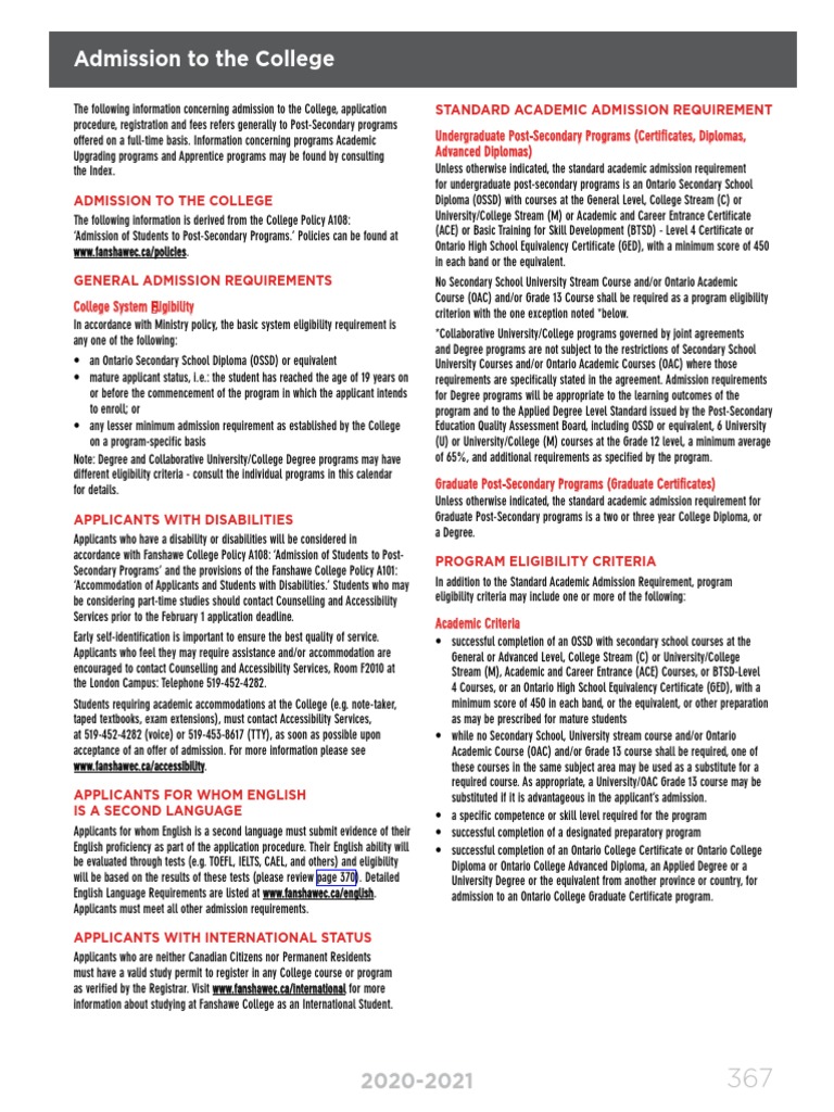 Admission To The College Undergraduate Post Secondary Programs