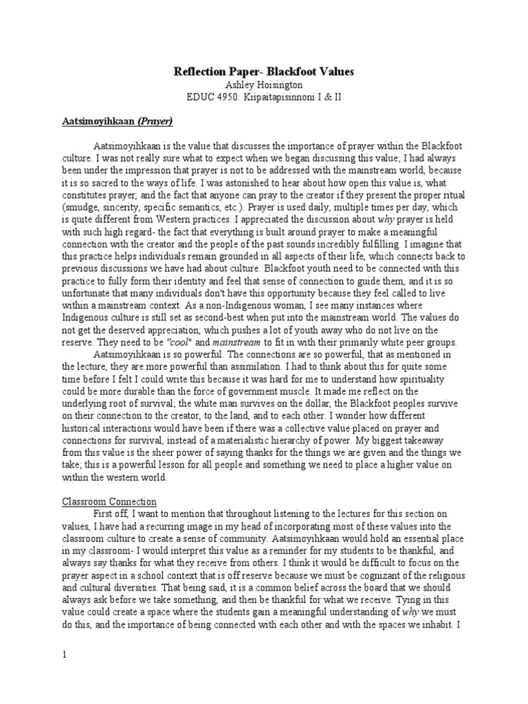 Reflection Paper-Blackfoot Values: Aatsimoyihkaan (Prayer) | PDF ...