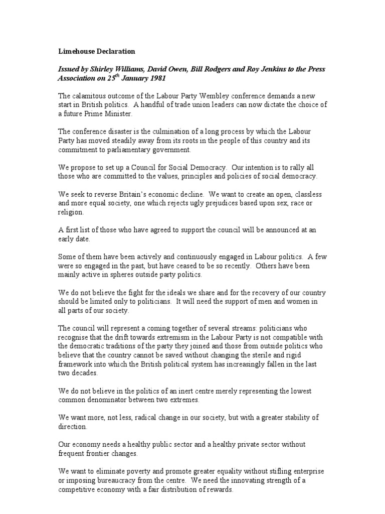 Limehouse Declaration for Social Democracy | PDF | Economies | Government
