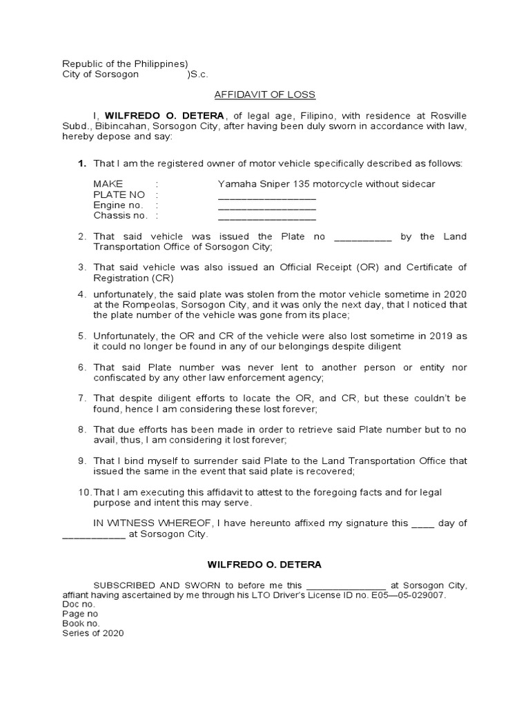 AFFIDAVIT OF LOSS - PLATE OR CR Lto Form | PDF