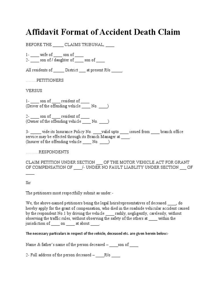 Affidavit Format of Accident Death Claim | PDF | Insurance | Vehicles