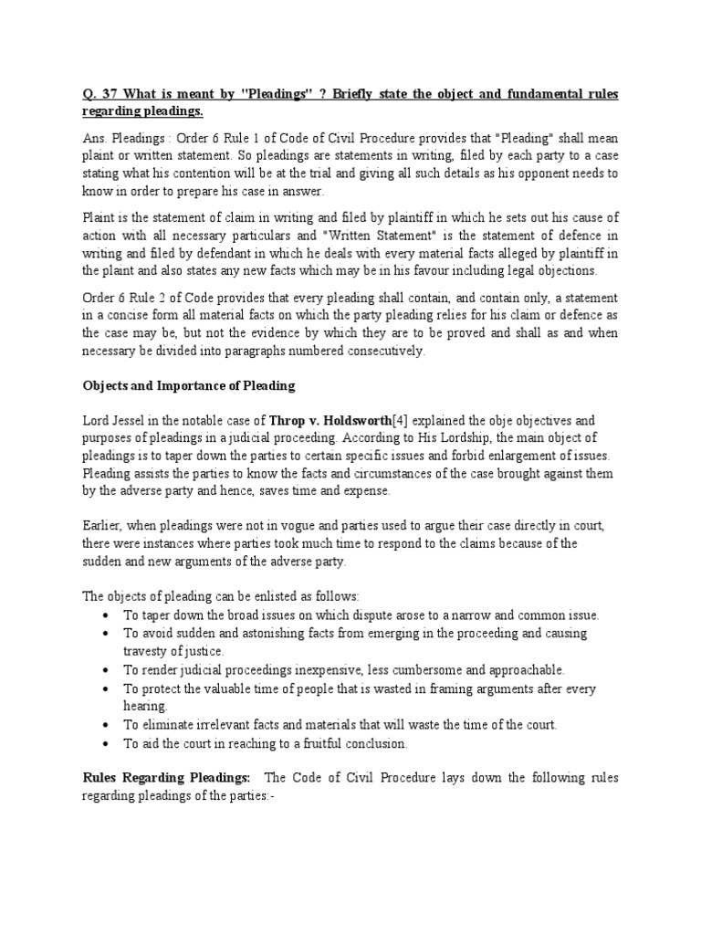Q. 37 What Is Meant by "Pleadings" ? Briefly State The Object and ...