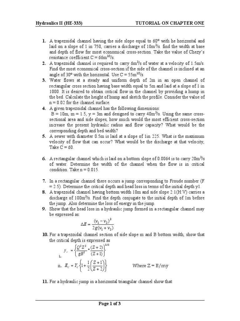 Hydraulics II-Ch 1 Tutorial | PDF | Chemical Engineering | Applied And ...