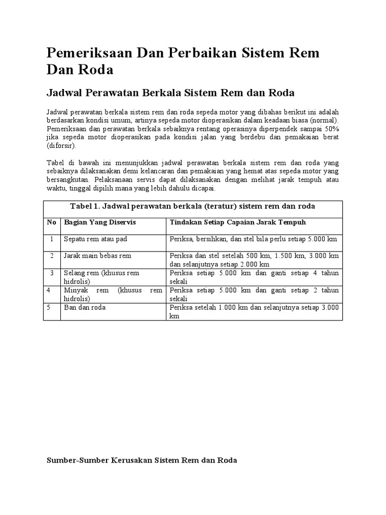 TBSM KLS XII Pemeriksaan Dan Perbaikan Sistem Rem Dan Roda | PDF | Teknologi & Rekayasa