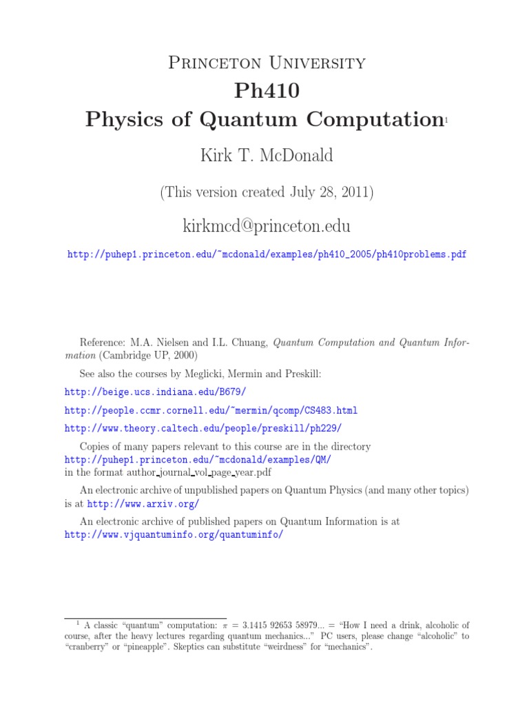 Ph410 Physics of Quantum Computation: Princeton University | PDF | Matrix (Mathematics ...