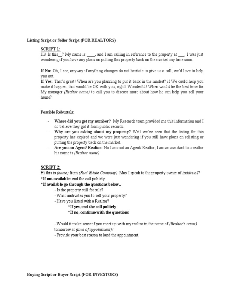 Listing Script or Seller Script | PDF | Real Estate Broker | Business