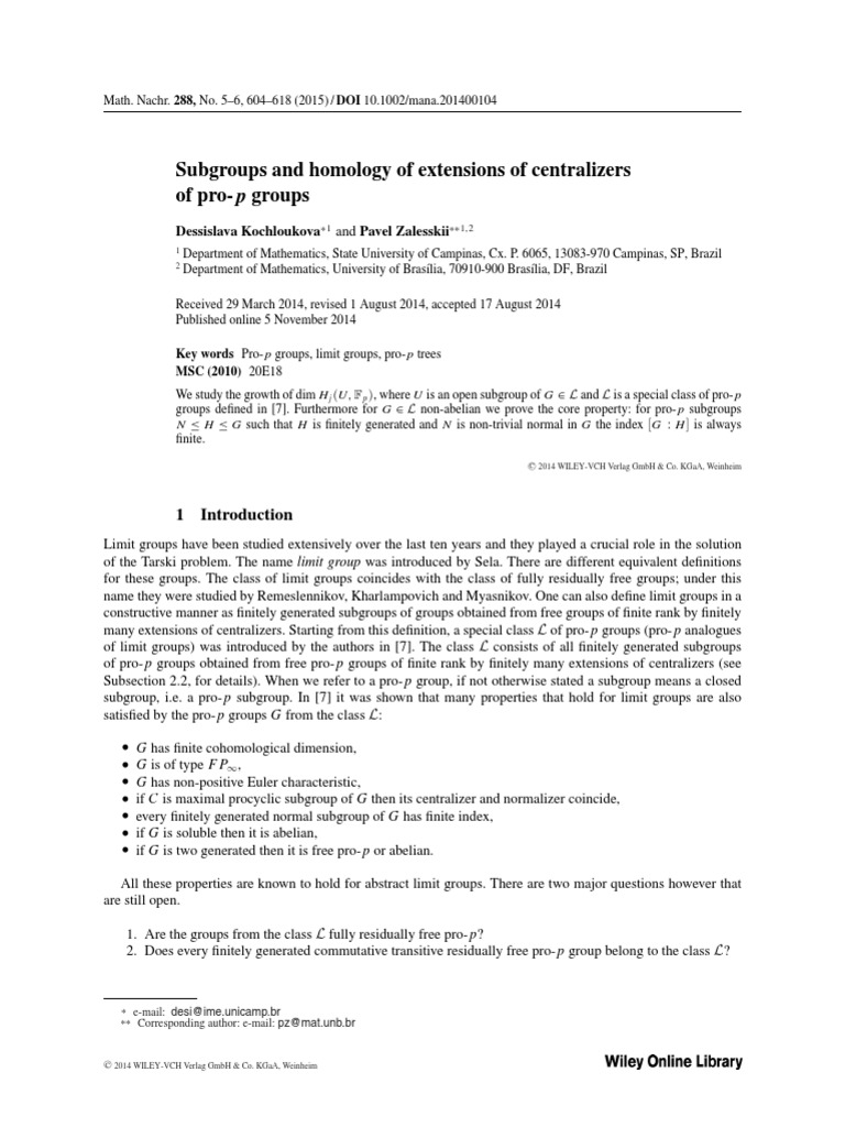 Subgroups and Homology of Extensions of Centralizers of Pro-P Groups | PDF | Group (Mathematics ...