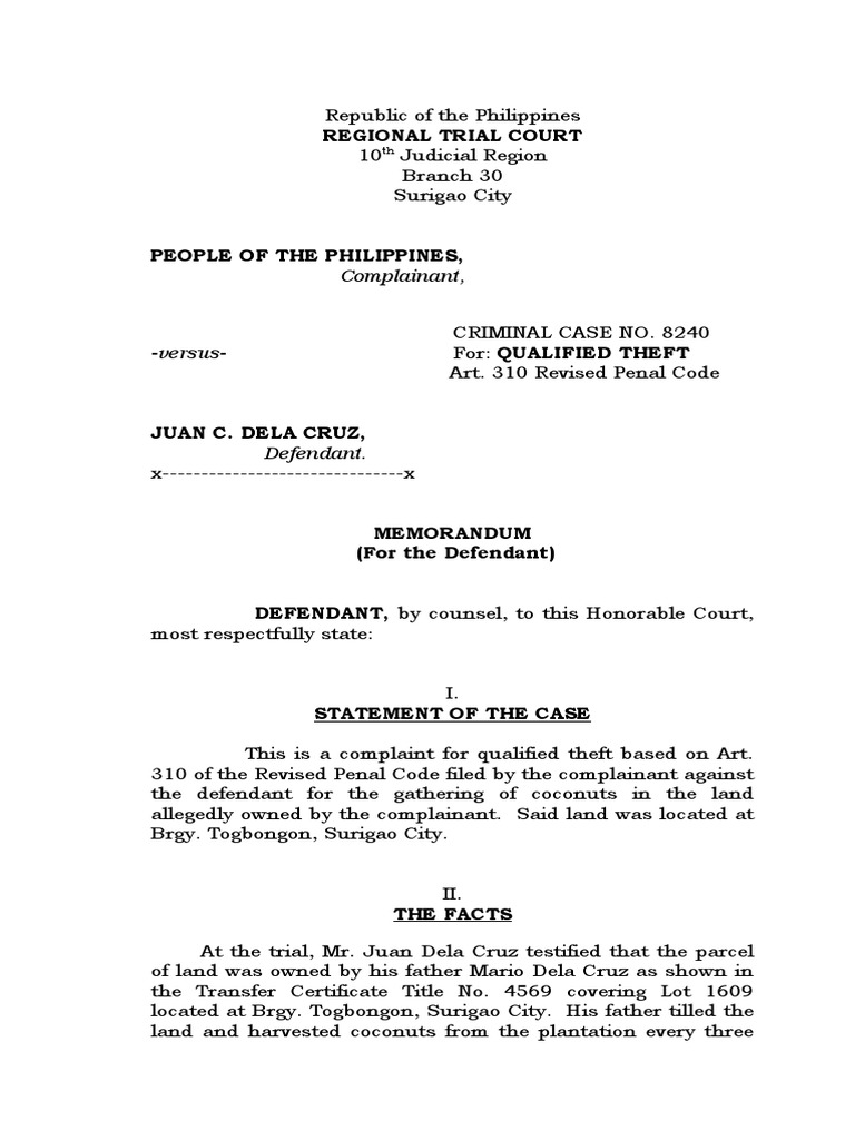 MEMORANDUM For Statutory Rape | Download Free PDF | Good Faith | Theft