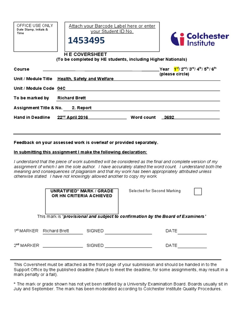 H E Coversheet: Attach Your Barcode Label Here or Enter Your Student ID ...