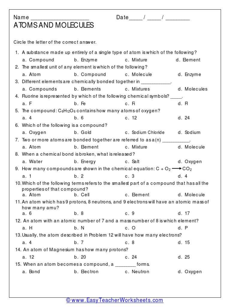 Atoms and Molecules Worksheet | PDF | Chemical Compounds | Atoms