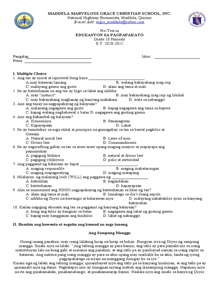 Pre-Assessment Test Esp 10 | PDF