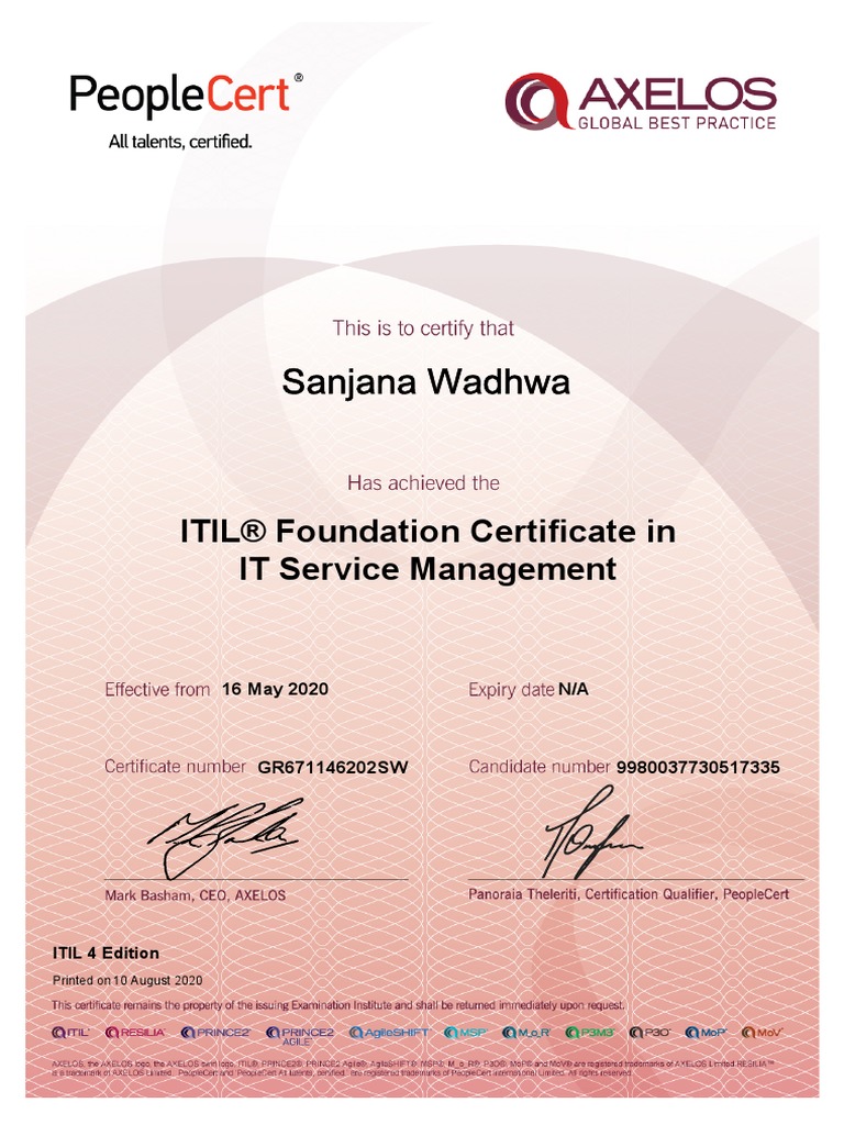 ITIL Foundation Certificate Details | PDF