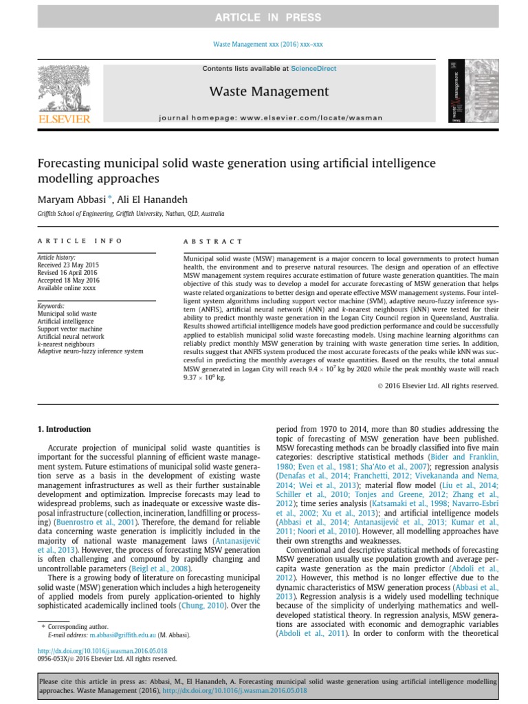 Forecasting Municipal Solid Waste Generation Using Artificial Intelligence Modelling Approaches ...