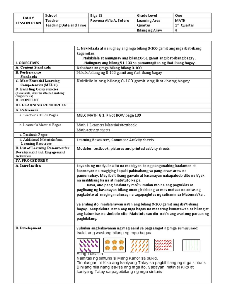 Lesson Exemplar MATH Grade 1 Week 1 Quarter 1 WENA | PDF