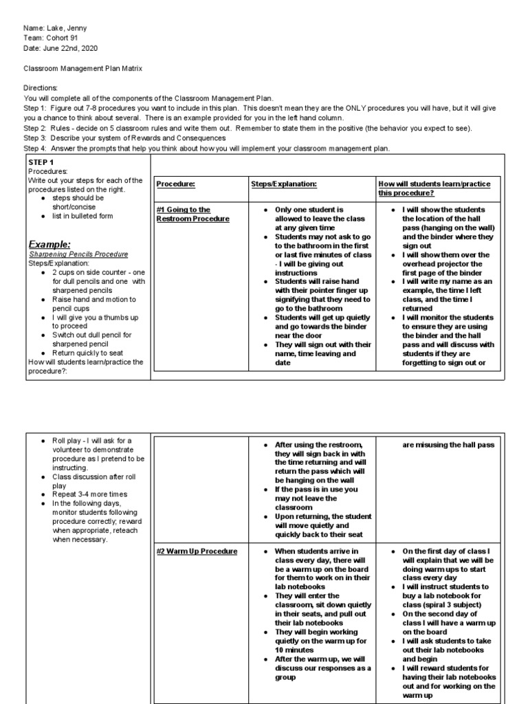 Lake Summer2020 Foundations Classroom Management Plan Matrix | PDF ...