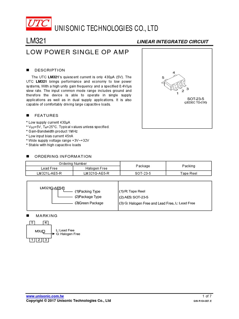 Unisonic Technologies Co., LTD: Low Power Single Op Amp | PDF | Operational Amplifier ...