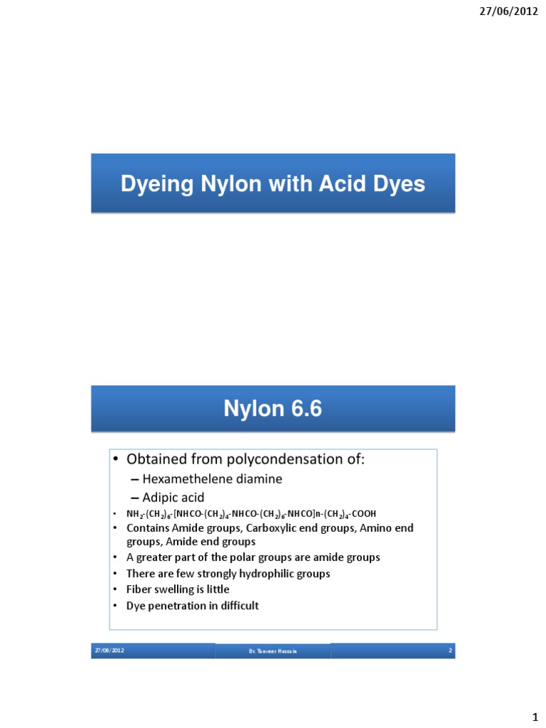 Dyeing Nylon With Acid Dyes PDF | PDF | Carboxylic Acid | Nylon