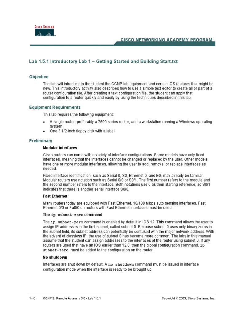 Lab 1.5.1 Introductory Lab 1 - Getting Started and Building Start | PDF | Router (Computing ...