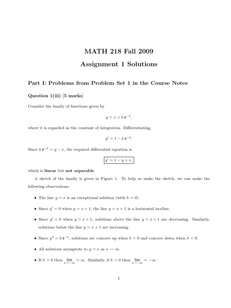 MATH 218 Fall 2009 Assignment 1 Solutions: Part I: Problems From ...
