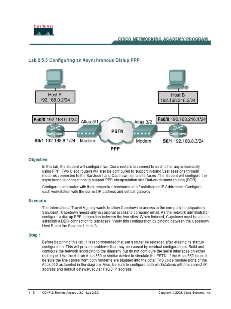 Lab 2.5.3 Configuring An Asynchronous Dialup PPP: Objective | PDF | Router (Computing ...