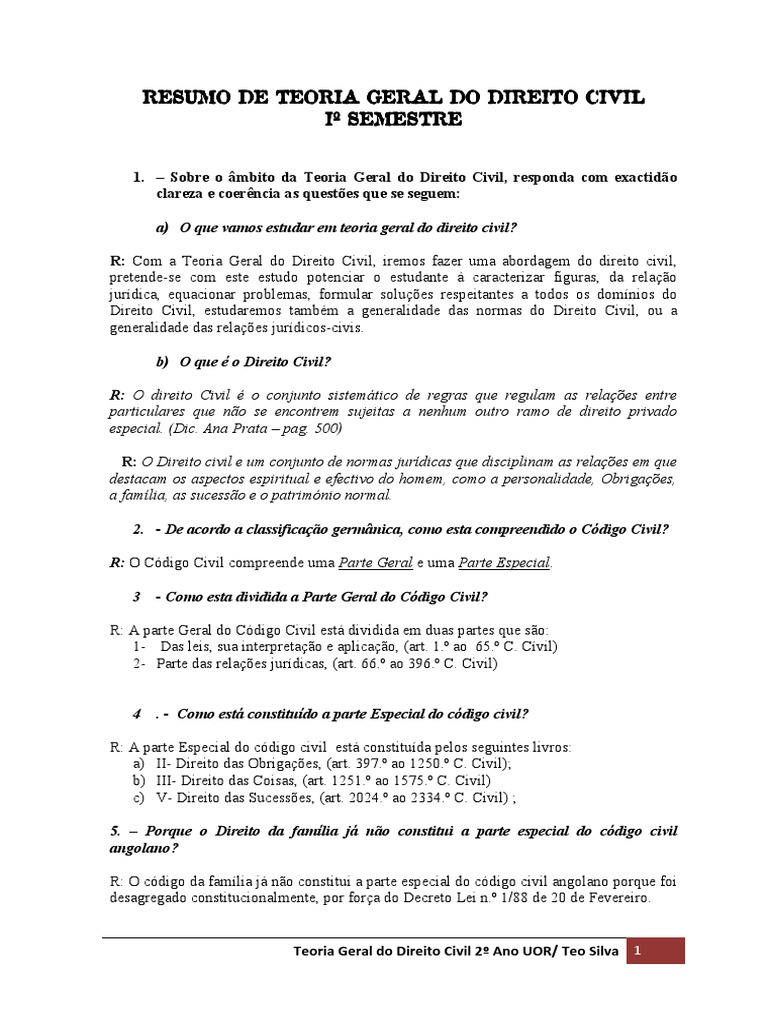 Resumo de Teoria Geral Do Direito Civil 1º Semestre | PDF | Direito Privado | Direitos de ...