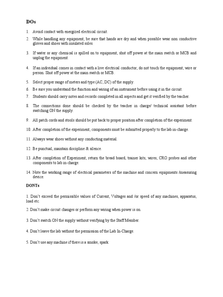 Do and Dont For Electrical Machines Lab | PDF