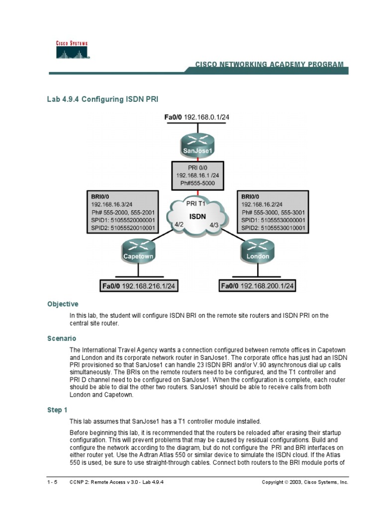 Lab 4.9.4 Configuring ISDN PRI: Objective | PDF | Router (Computing) | Networks
