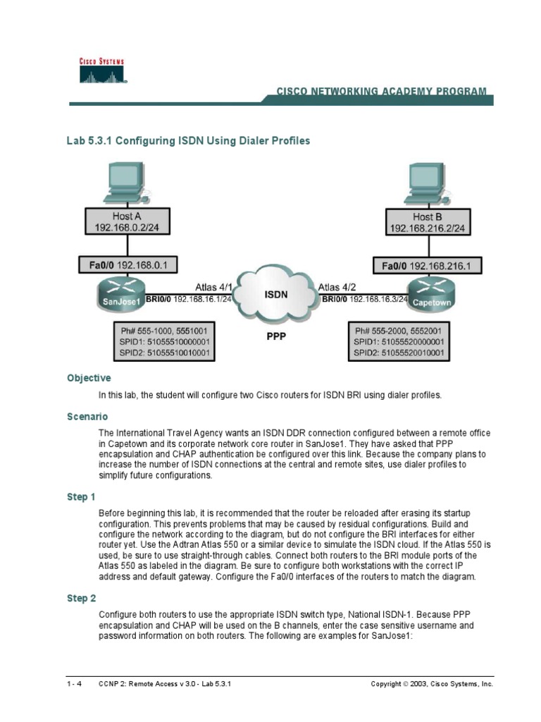 Lab 5.3.1 Configuring ISDN Using Dialer Profiles: Objective | PDF | Router (Computing) | Digital ...