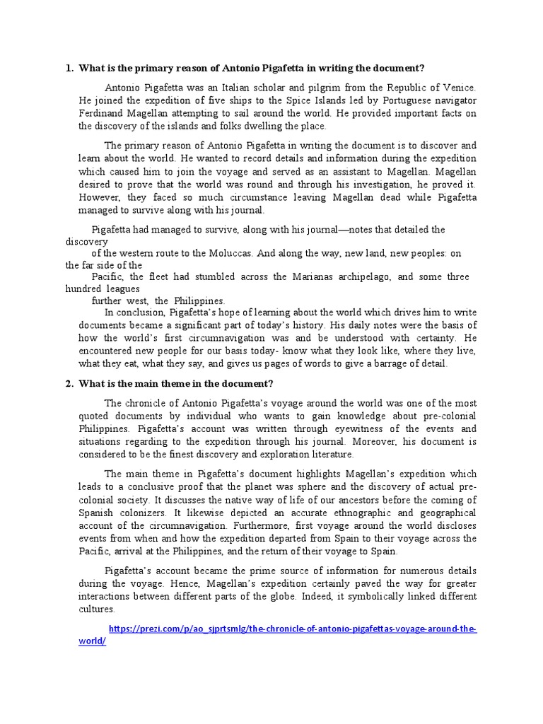 What Is The Primary Reason of Antonio Pigafetta in Writing The Document ...