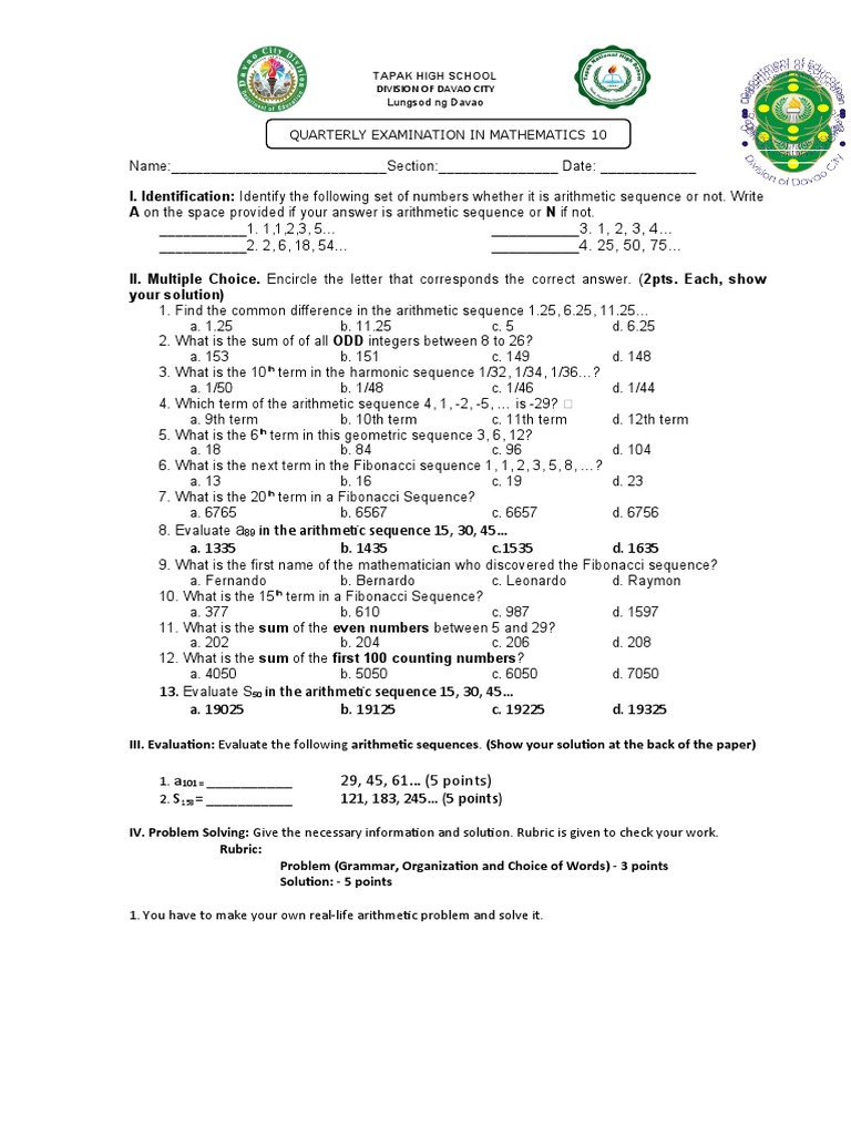 Mathematics Quarterly Examination: Analyzing Patterns in Sequences Through Identification ...