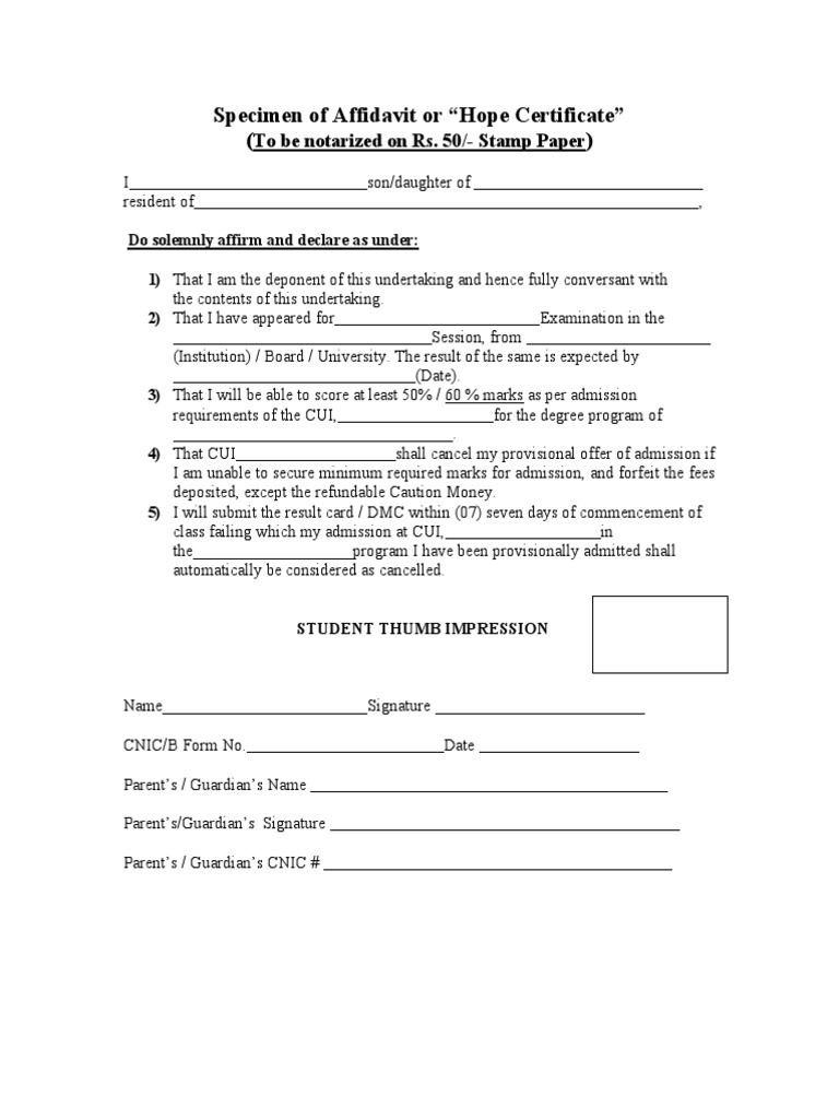 Affidavit Template for Admission Hope Certificate | PDF | Career & Growth