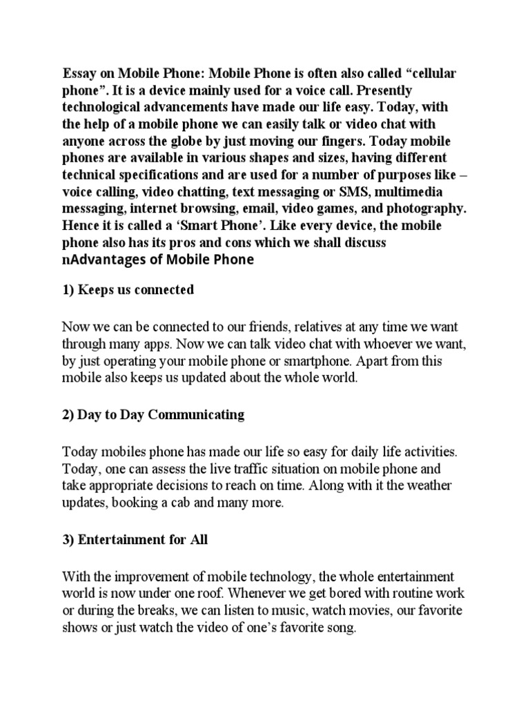Essay On Mobile Phone | PDF