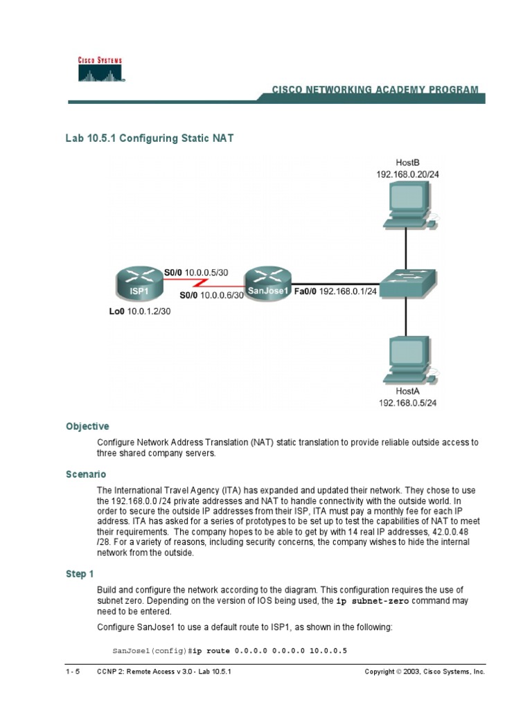 Lab 10.5.1 Configuring Static NAT: Objective | Download Free PDF | Ip Address | Communications ...