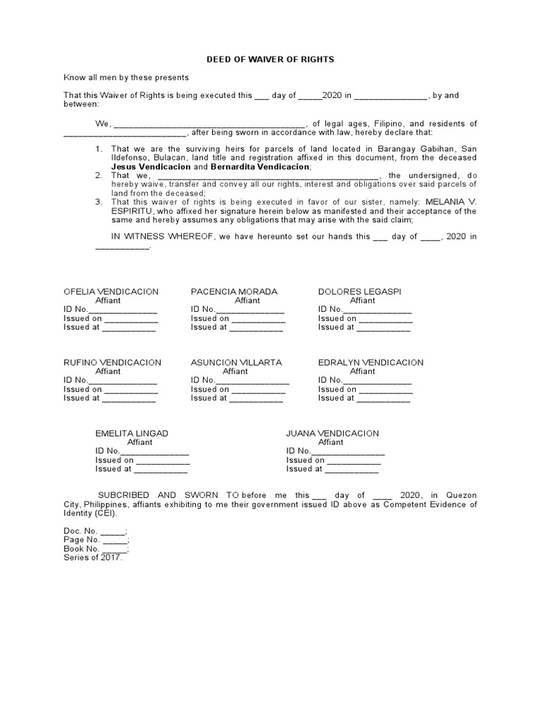Deed of Waiver of Rights | PDF | Affidavit | Property Law Deed of Waiver of Rights | PDF | Affidavit | Property Law