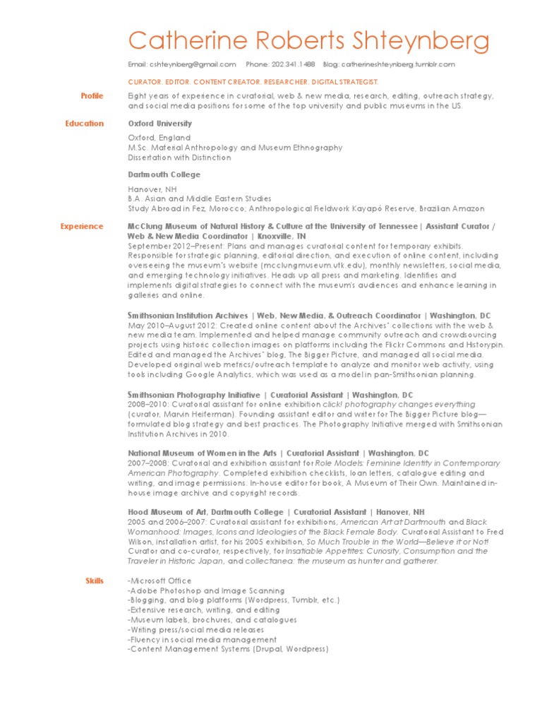 Resume-Catherine Shteynberg-Museum Professional | PDF | Curator | New Media