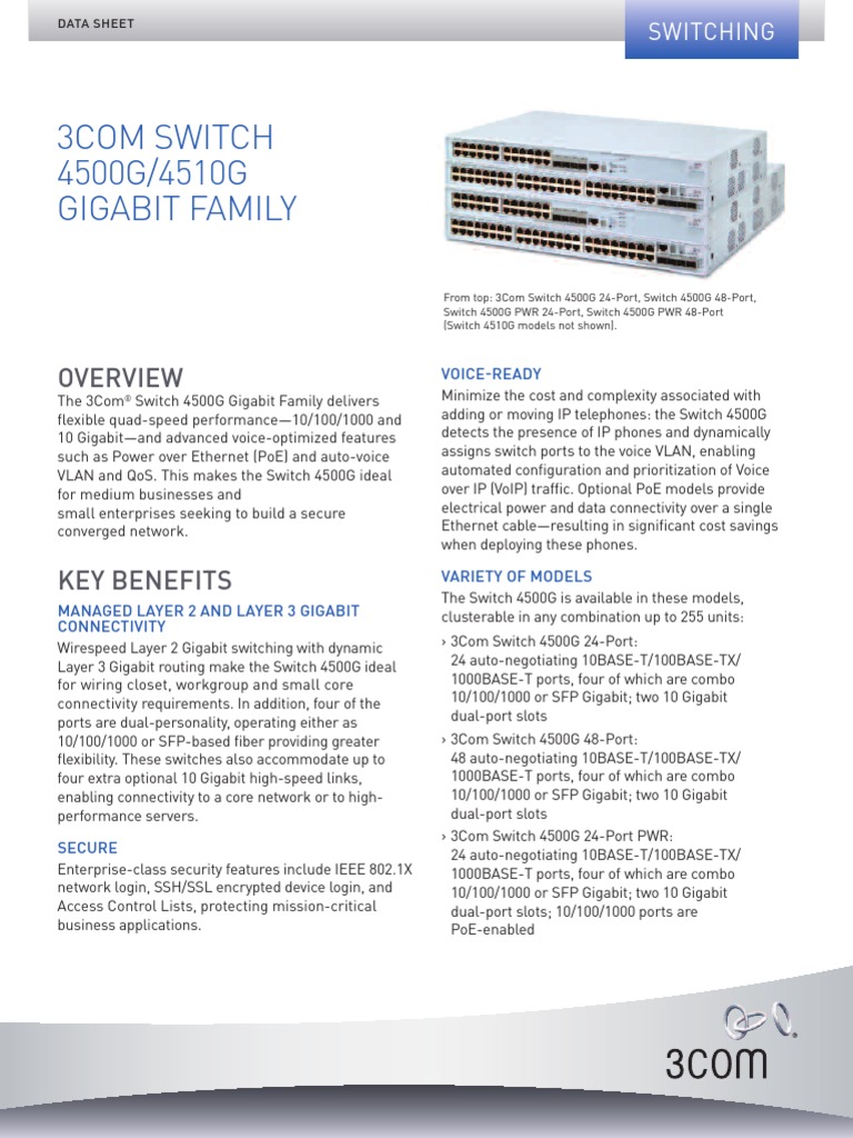 3com Switch 4500G/4510G Gigabit Family: Voice-Ready | PDF | Network ...