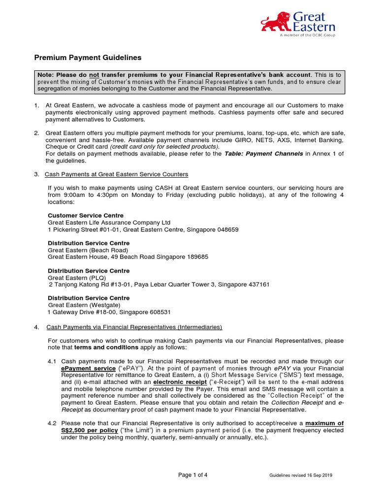 Great Eastern Premium Payment Guidelines | PDF | Payments | Cheque