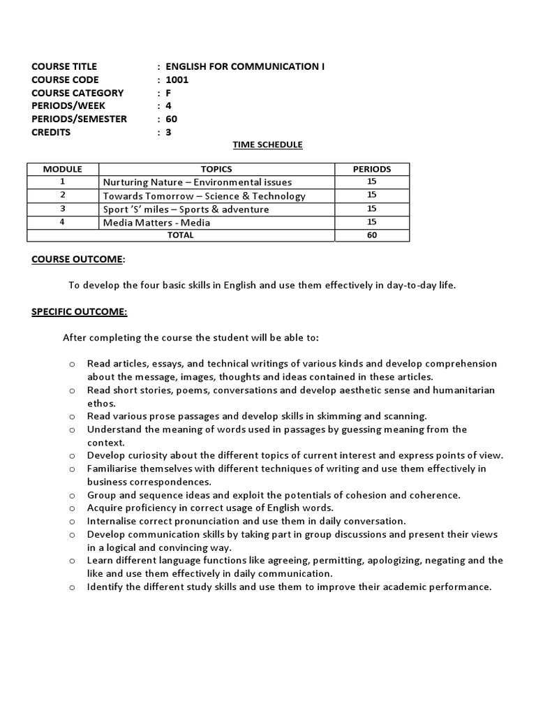Course Title: English For Communication I Course Code: 1001 Course ...