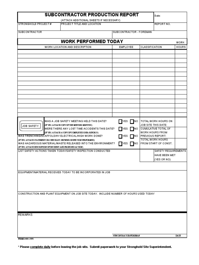 Subcontractor Production Report: Job Safety | PDF | Safety | Prevention
