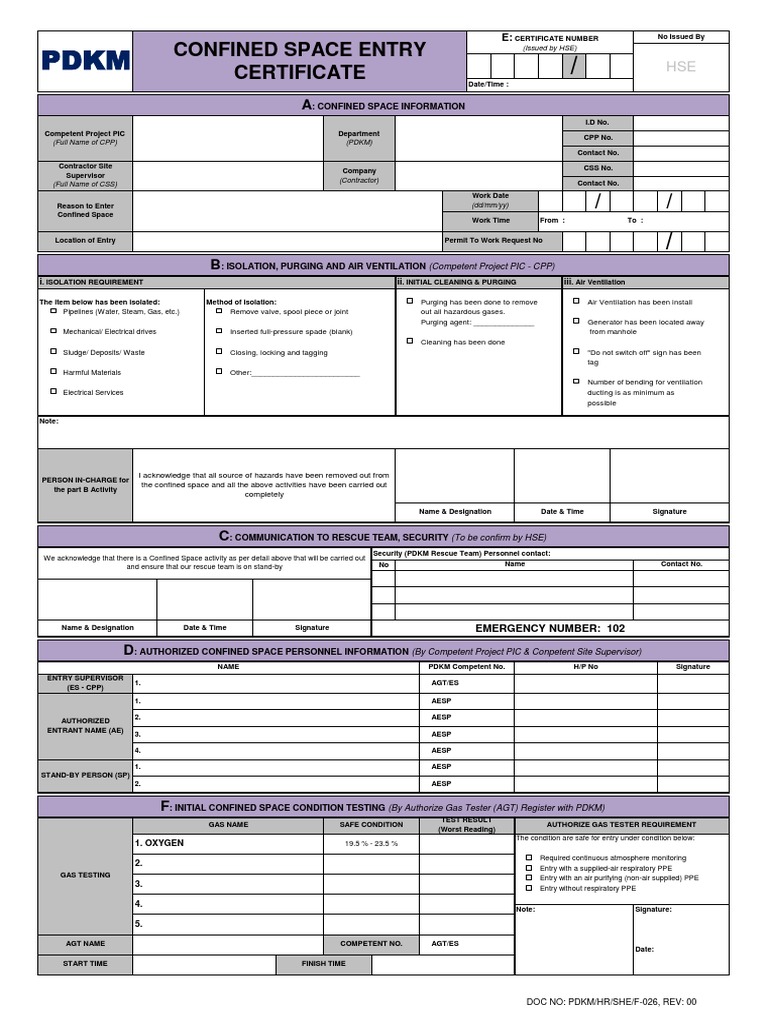 Confined Space Entry Certificate: (Issued by HSE) | PDF | Personal ...