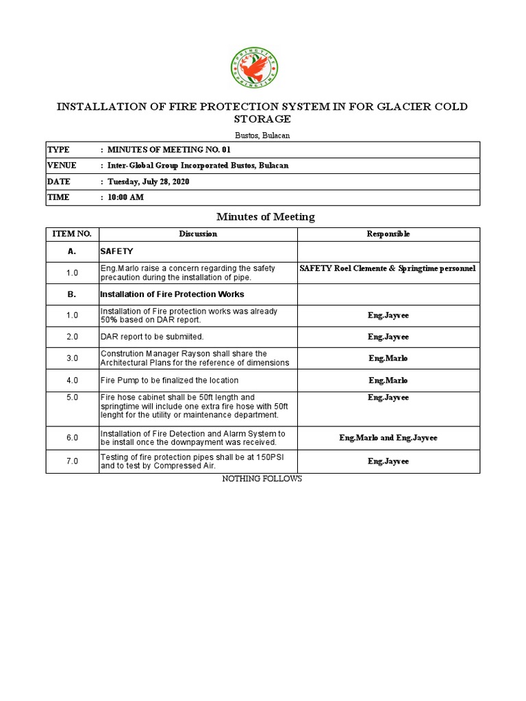 Installation of Fire Protection System in For Glacier Cold Storage | PDF