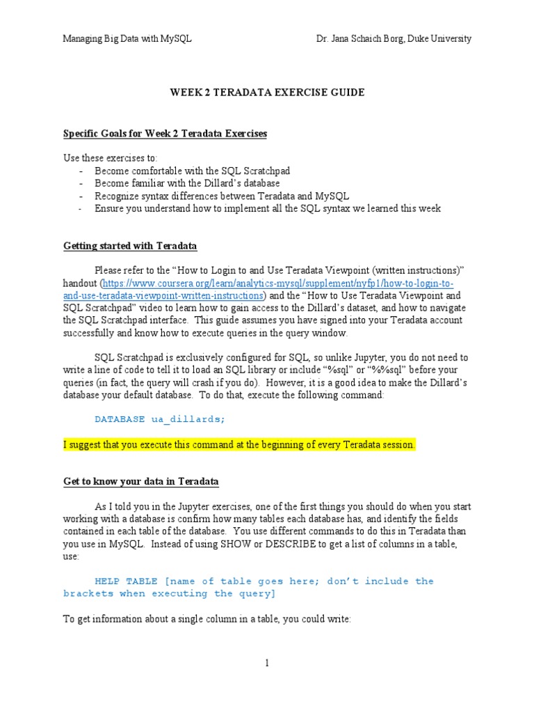Teradata Viewpoint SQL Exercise Guide | PDF | Databases | Relational Database