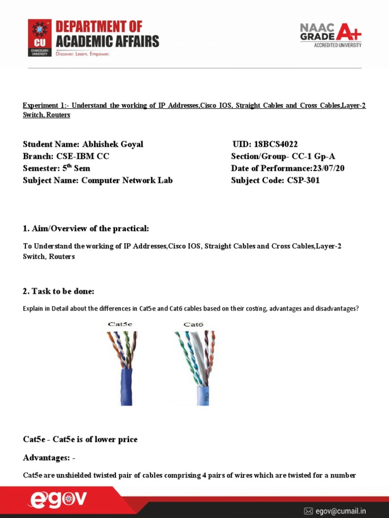 Worksheet Exp 1 (18BCS4033) | PDF | Electromagnetic Interference | Computer Network